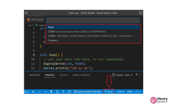 آموزش انتخاب پورت و تنظیم باودریت در PlatformIO IDE - کافه ربات